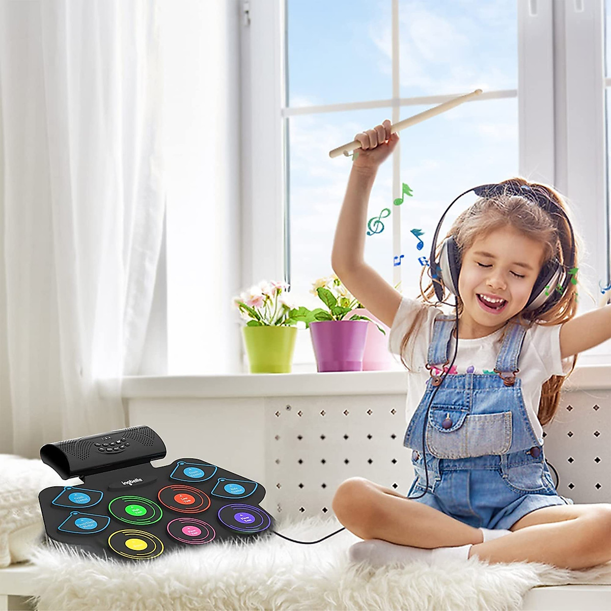 PAXCESS Portable 9 Pad Roll-Up Electronic Drum Set with Realistic Sounds, Foot Pedals, Drumsticks, Built-In Speaker, and Rechargeable Battery