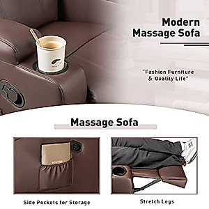 Shahoo PU Leather Chair with Massage Function Adjustable Home Theater Single Recliner Thick Seat and Backrest, 360° Swivel and Rocking Sofa for Living Room, Attractive Brown