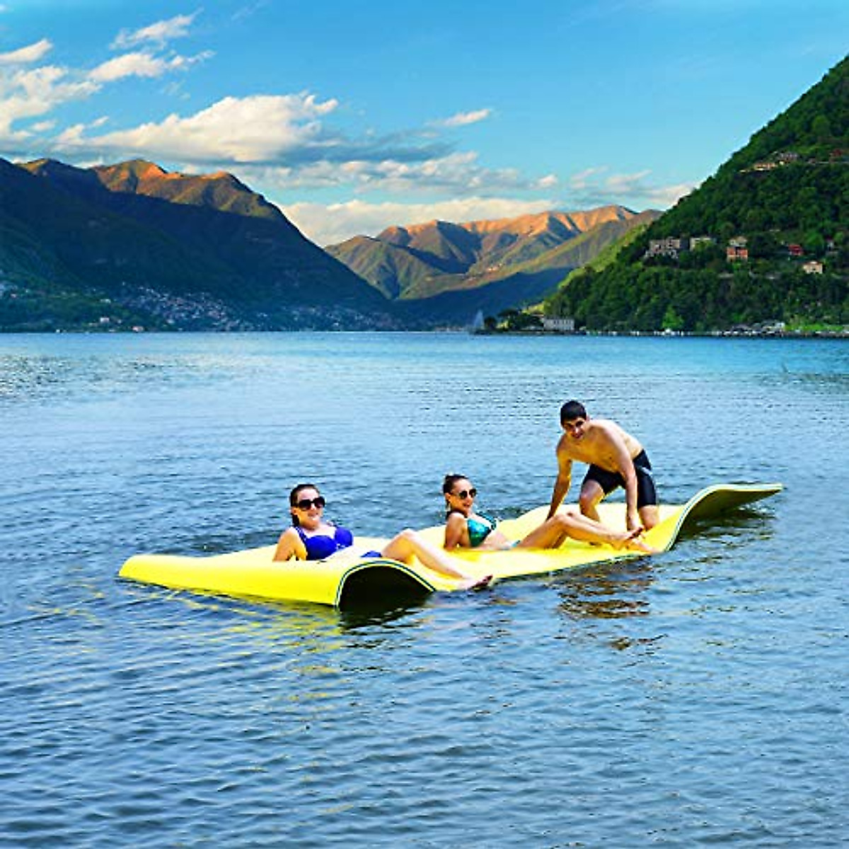 GYMAX Floating Water Pad, 9'/18' x 6' Water Foam Mat with Rolling Pillow, 3-Layer Floating Island for Pool River Lake Beach Ocean Water Activities (Yellow, 9 Feet)