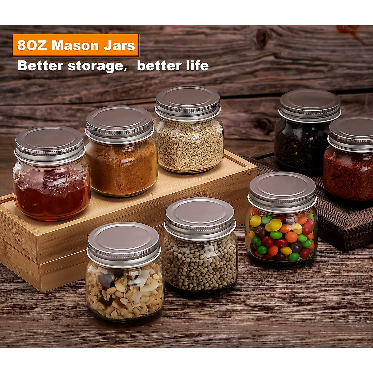 Rainforce Small Glass Mason Jars 8 oz 30 Pack With Silver Lids -1/4 Quart Canning/ Storage Pickling Jars For Jelly, Jam, Honey, Pickles and Spice With Free 30 Chalkboard Labels