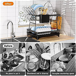 PKBD Rustproof Dish Drying Rack, 2 Tier Dish Rack with Drainboard, Cup Holder, Detachable Dish Drainer Organize Shelf with Utensil Holder Set, Large Dish Racks for Kitchen Counter, Black