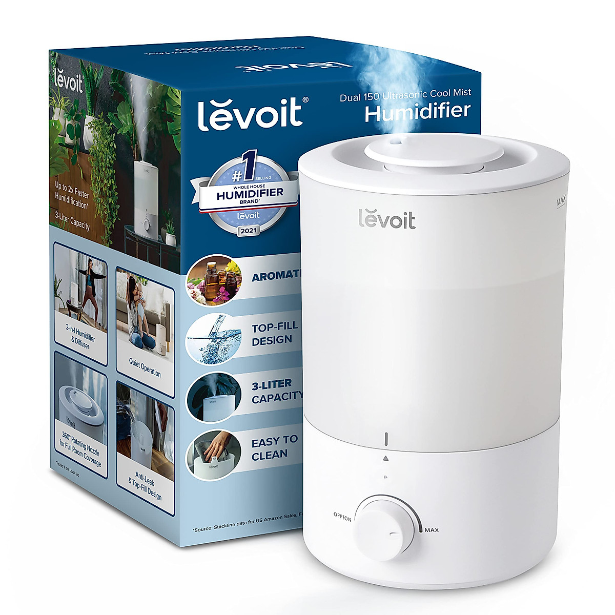 LEVOIT 4L Humidifiers for Bedroom Large Room & Essential Oil Diffuser, Blue & Humidifiers for Bedroom Large Room, 3L Cool Mist Top Fill Quiet Humidifier for Baby Nursery and Plants, 360° Nozzle, White