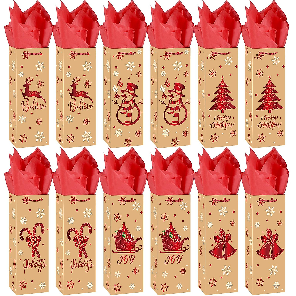 Pasimy 12 Pcs Christmas Wine Bags with Tissue Paper Christmas Red Foil Kraft Paper Wine Gift Bags with Handles Paper Assorted Design Wine Bags Gift Holiday for Bottle Wrapping Birthday Wedding Party