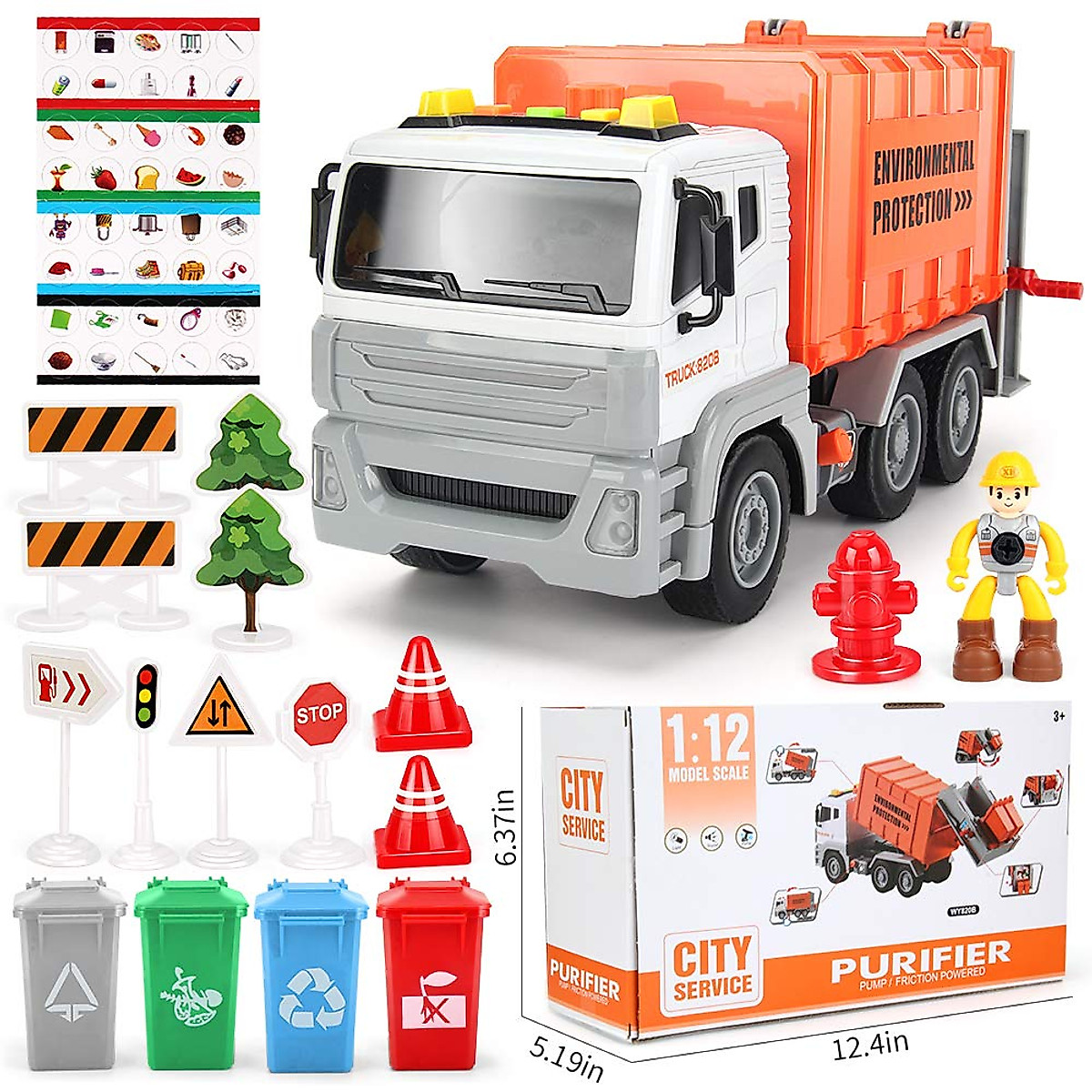 12" Garbage Truck Toys Trash Truck Dump Truck with 4 Garbage Cans, Friction Powered Truck with Sound and Light,Push and Go Pull Back Car for Boys