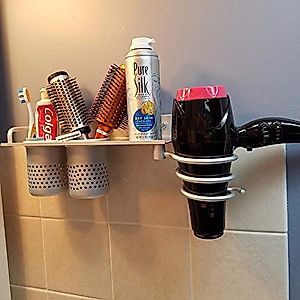 Lmeison Wall Mounted Hair Dryer, Bathroom Hair Care & Styling Tool Organizer Storage Basket, Aluminum Hanging Rack Organizer with 2 Cups for Flat Iron, Curling Wand, Hair Straighteners, Brushes