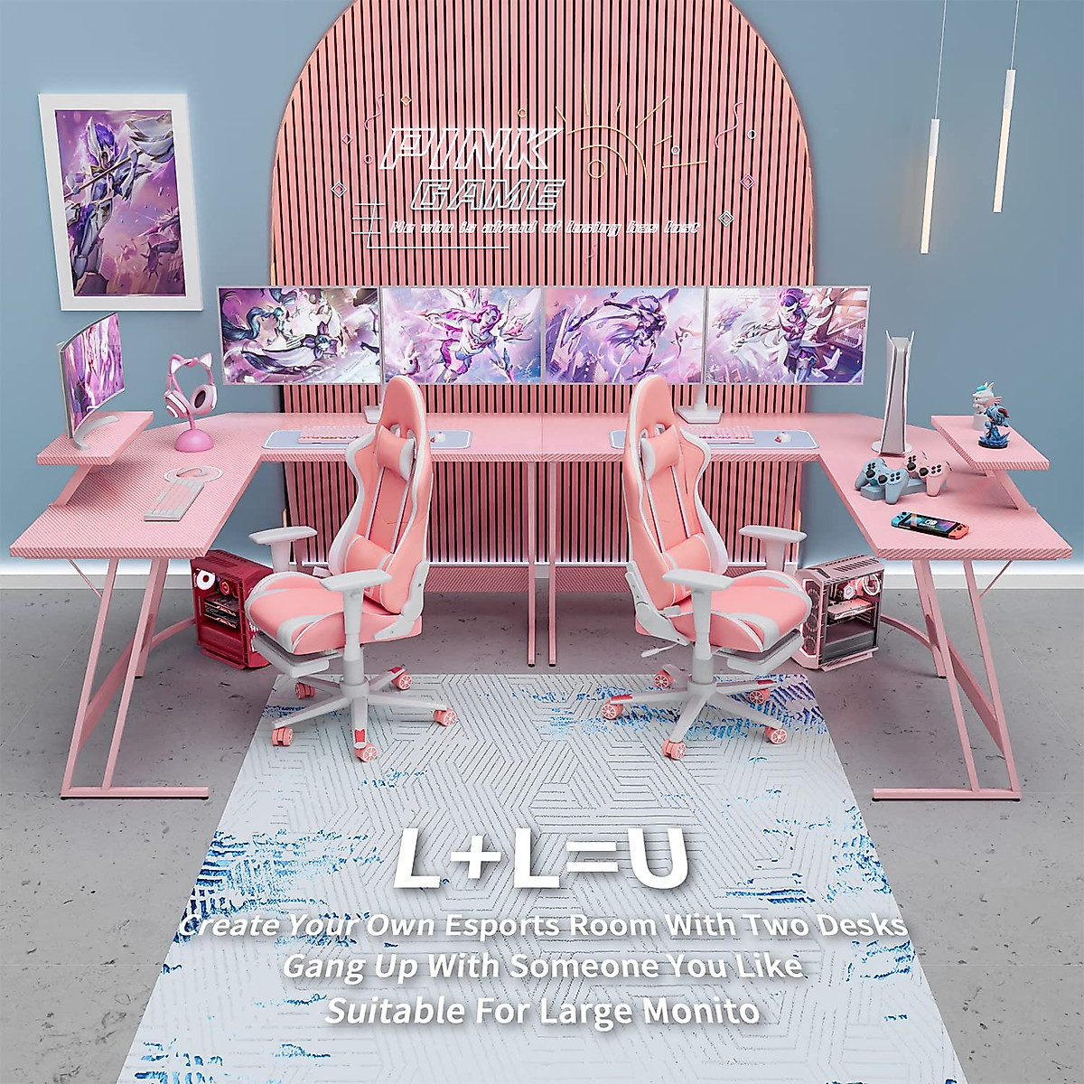 VICTONE L Shaped Gaming Desk, Corner Desk with Monitor Stand, Computer PC Table for Home Office Writing Studying Working, Space-Saving, Easy Assemble(Pink,51'')