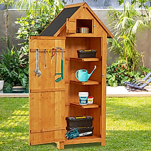 GarveeLife Outdoor Wood Storage Shed Cabinet, Wooden Garden Tool Sheds, Outside Vertical Organizer with Floor, Waterproof Roof, 3 Shelves, 4 Hooks and Lockable Door for Patio Hallway Backyard, Natural