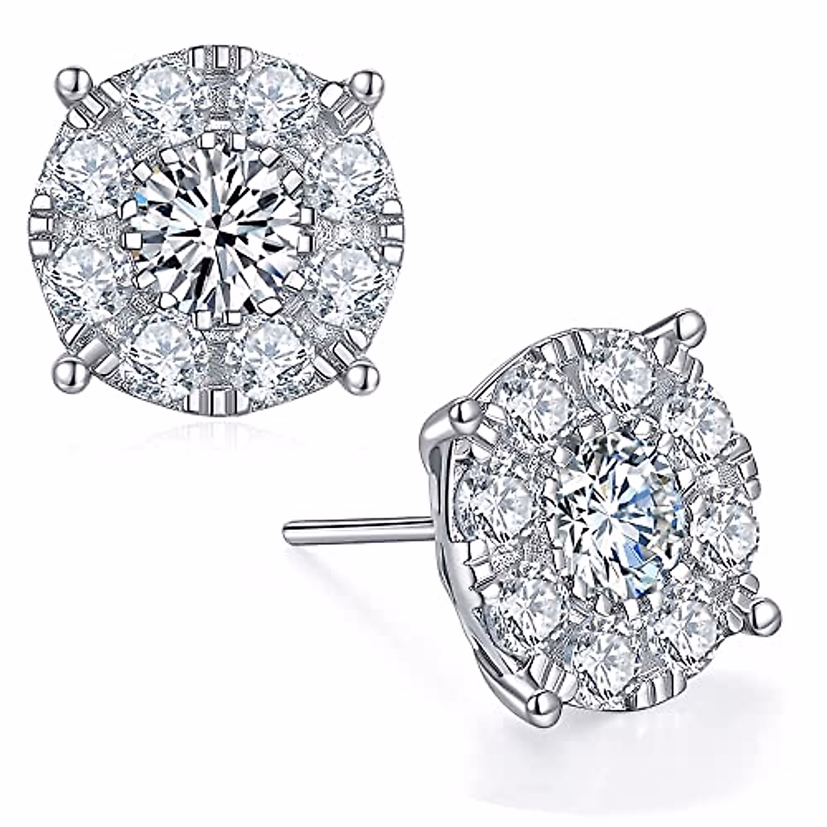 Halo Moissanite Stud Earrings 18K White Gold Plated 925 Sterling Silver Studs for Women Men,Topfook Jewelry Gifts