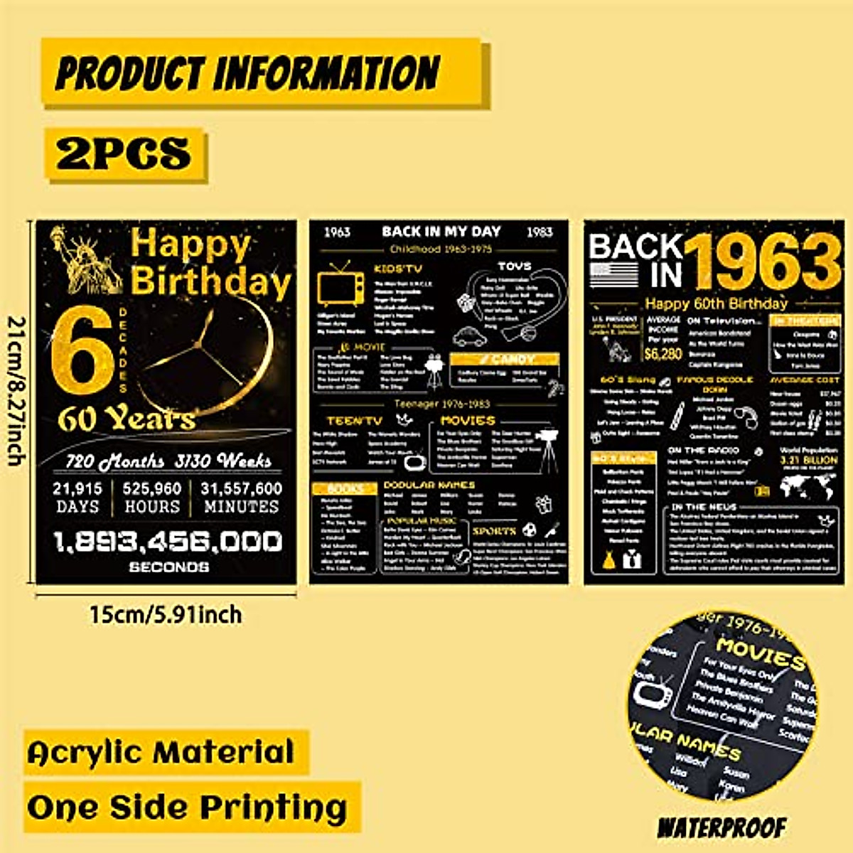 Crenics Black Gold 60th Birthday Decorations for Men Women, 3 Pieces Back in 1963 Birthday Poster with Stands, 1963 60th Birthday Gifts Anniversary Centerpieces Party Supplies