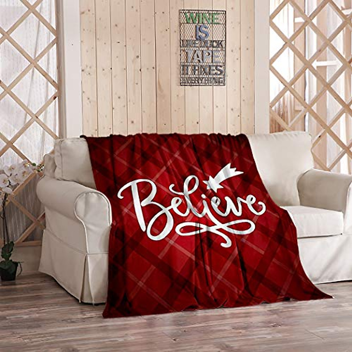 Christmas Plaid Blanket,Plush and Warm Home Soft Cozy Lightweight Fuzzy Throw Blankets for Couch Bed Sofa,Christmas Plaid Believe Greeting Invitation Fall,50"x60"