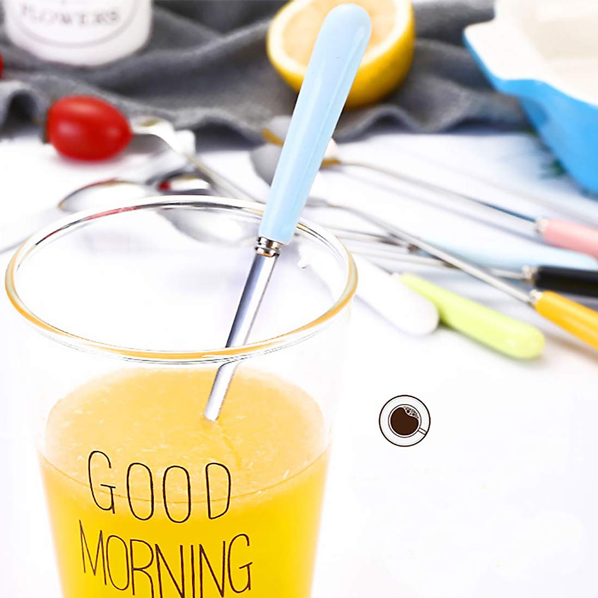 Goeielewe Set of 8 Dinner Spoons, Stainless Steel Iced Teaspoon with Ceramic Handle Soup Tablespoons Espresso Candy-Colored Coffee Spoons Mixing Spoon 5.7-Inch Long - Mixed Color