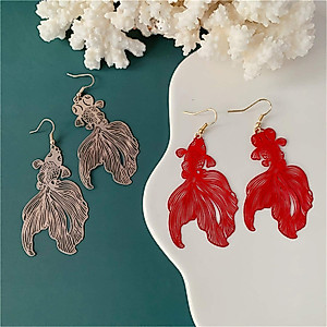 DAMLENG Unique Chic Lightweight Hollow Fish Dangle Drop Hook Earrings Charm Pink Red Asymmetry Goldfish Dangle Earrings For Women Statement Jewelry Gifts (Red)