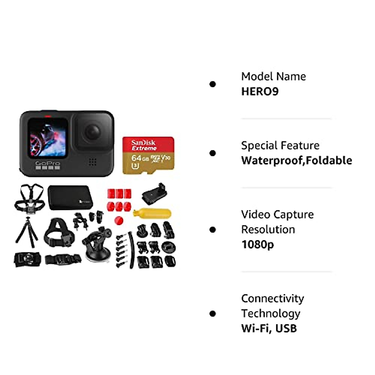 GoPro HERO9 Black, Sports and Action Camera Bundle with Froggi Accessory Kit, 64GB microSD Card, 1080p