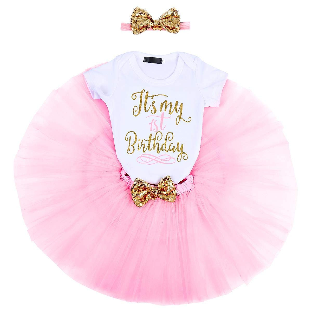 ODASDO It’s My 1st First Birthday Outfit Newborn Infant Baby One Year Party Cake Smash Set Princess Dress Cotton Short Sleeve Bodysuit Romper Tutu Skirt Sequin Bowknot Headband 3pcs Pink 1st 1T