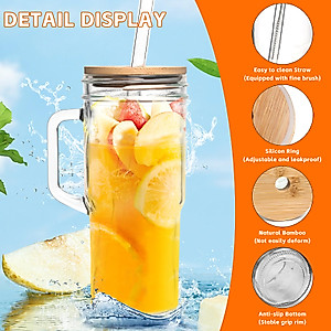ONEHAUS Glass Cups with Lids and Straws 2 Packs - 24oz Glass Tumbler with Handle, Mason Jar with Lid and Straw -Wide Mouth Reusable Drinking Glasses, Smoothie Tumbler Iced Coffee Cup Travel Mug