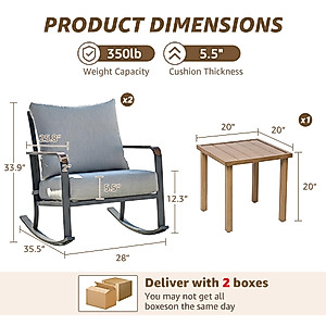 NATURAL EXPRESSIONS Glider Rocking Chair Bistro Set, 3 Pieces Outdoor Patio Furniture Conversation Set with 2 Rocker Chairs, 1 Table and Thick Cushions for Backyard, Porch, Balcony, 350lbs, Grey.