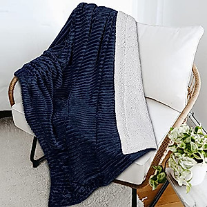 PAVILIA Sherpa Fleece Blanket Throw | Stripe, Super Soft, Plush, Luxury Flannel Throw | Thick Fluffy Ribbed Microfiber Blanket for Sofa Couch Bed (Navy Blue, 50x60 inches)
