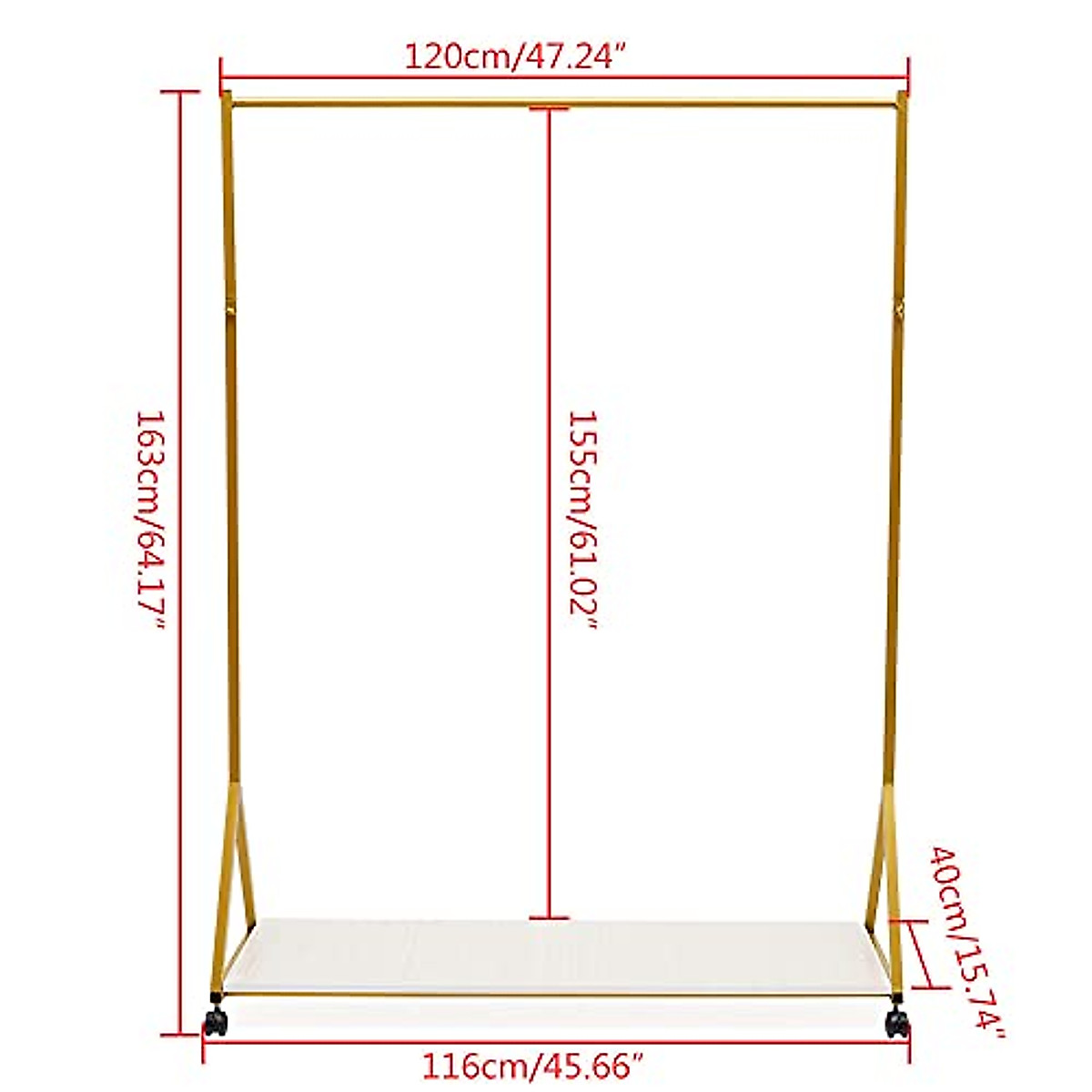 Metal Gold Clothing Rack with Shelves and Universal Wheel,Freestanding Clothing Rack for Hanging Clothes Rack,Heavy Duty Rolling Garment Rack Retail Display for Wedding Dress Bridal Garment Rack Stand