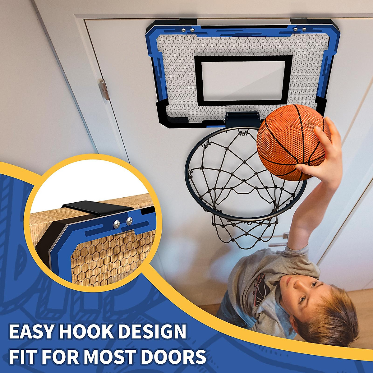 QDRAGON Mini Basketball Hoop, Over The Door Indoor, with 3 Balls/Inflator/Breakaway Rim, Basketball Toy Gifts for Kids and Adults, Suit for Bedroom/Office/Outdoor, Blue