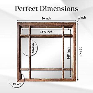Hansen Home Brown Wooden Frame Square Decorative Farmhouse Wall Mirror - Bathroom/Bedroom/Entryway/Livingroom Accent Piece - 16"x16" Hanging Mirror with Windowpane Details
