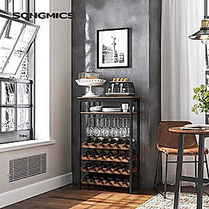 SONGMICS 24-Bottle Freestanding Wine Rack, Wine Storage Display Shelves with Tabletop and Glass Holder, Bar Rack with Bottle Holder for Kitchen Bar Dining Room, Rustic Brown and Black UKWR028B01