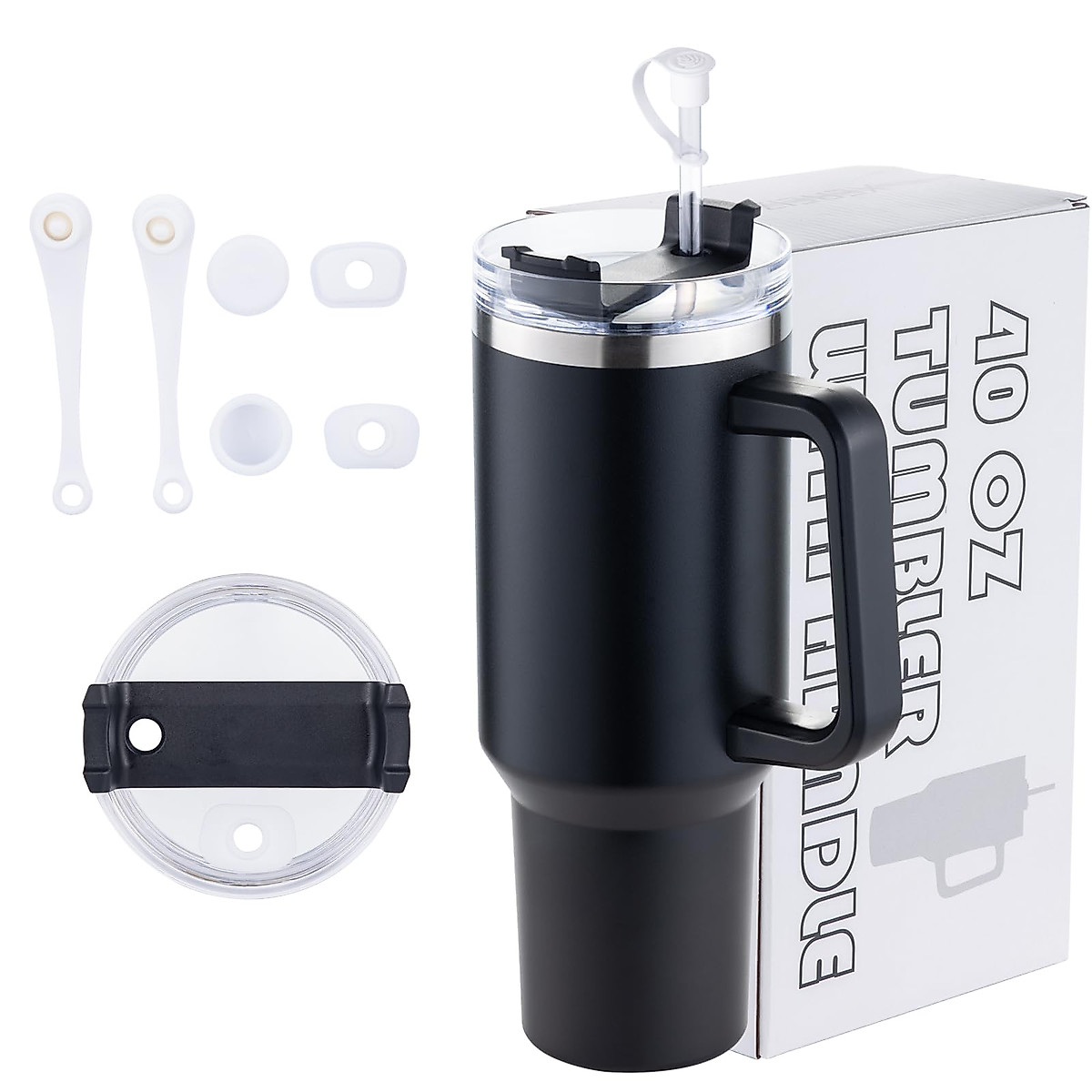 Xereizo 40 oz Tumbler with Handle and Straw, Leak Proof Stainless Steel Insulated Travel Coffee Tumbler Cups Lid and Straw, Iced for 40 Hours Cupholder Friendly Water Bottle Mug, Black