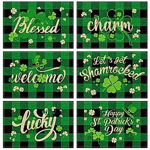 Tatuo 6 Pcs St. Patrick's Day Placemats Buffalo Plaid Placemats Lucky Clover Shamrock Blessed Table Mats Non Slip Heat Resistant Washable Place Mats for Kitchen Dining, 12 x 18 Inch (Stylish Style)