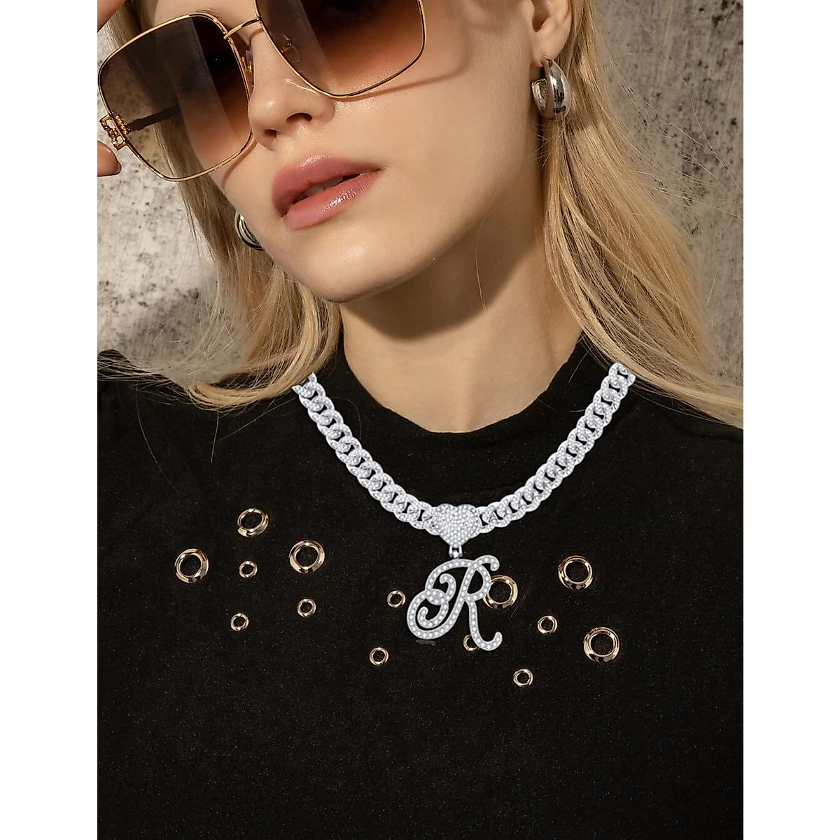 RLMOON Cursive Silver Initial Necklace for Women Miami Iced Out Cuban Chain Choker Necklace Diamond Initial Heart Pendant Letter Necklace Alphabet Hip Hop Jewelry M