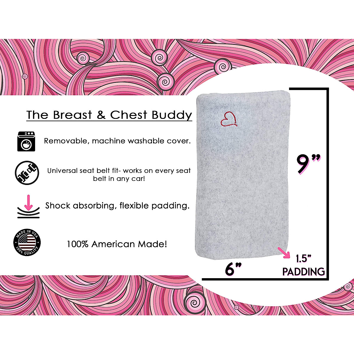 The Breast & Chest Buddy - Seatbelt Cushion for Open Heart Surgery, Mastectomy and Chest Reconstruction Sites - Solid Gray with Heart