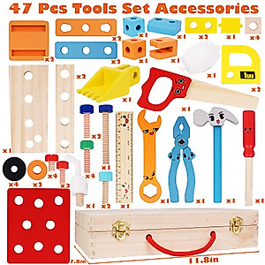 Wooden Kids Tool Set,Tool Kit for Kid with Wooden Tool Box,Educational DIY Construction STEM Toy,Preschool Learning Toy Gifts for Toddlers Boys Girls Age 3 4 5 and Up (47 Pieces)