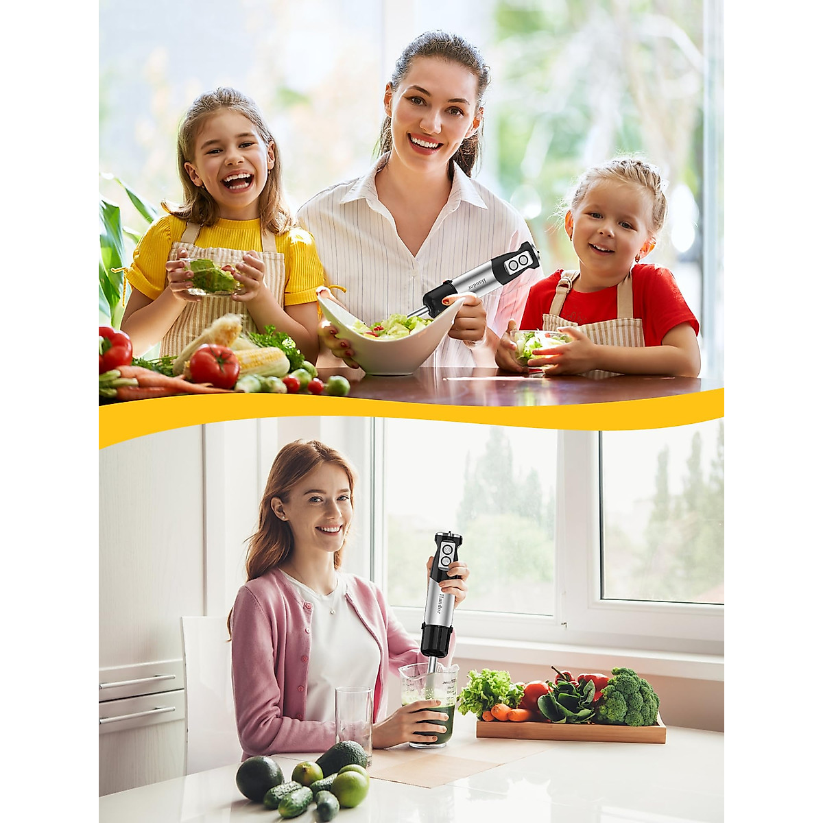 Handor 6-in-1 Hand Immersion Blender, 1000W 12 Speed Handheld Blender with 600ml Beaker, 500ml Chopper, Egg Whisk, Milk Frother, Stainless Steel Blades for Soup, Smoothie, Puree