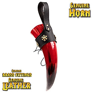 Mythrojan THE RED WITCH Viking Drinking Horn with Black Leather holder Authentic Medieval Inspired Viking Wine/Mead Mug – Polished Finish