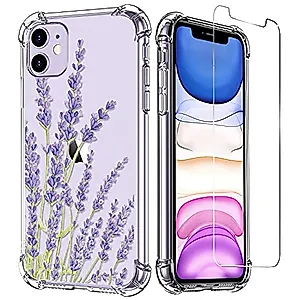 LUXVEER iPhone 11 Case with Tempered Glass Screen Protector,Floral Flower Pattern on Soft Clear TPU Cover for Girls Women,Slim Fit Protective Phone Case for Apple iPhone 11 6.1 inch Purple Lavender