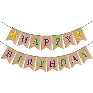 SWYOUN Burlap Happy Birthday Banner Mardi Gras Birthday Party Bunting Garland Supplies