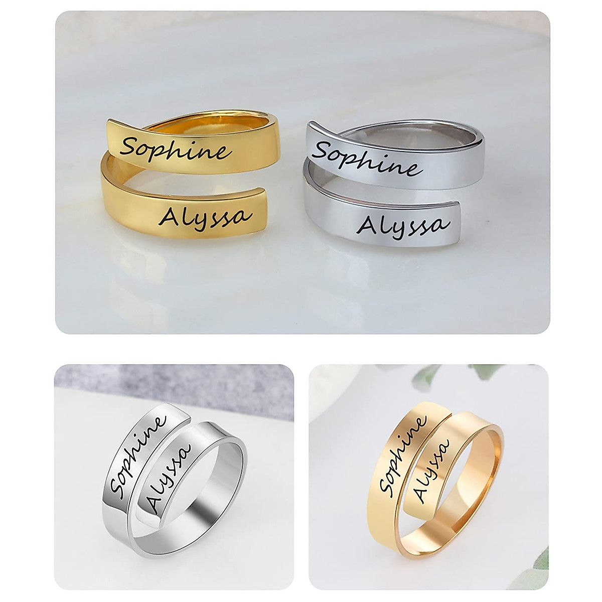 PEIMKO Spiral Name Ring Personalized Adjustable/Open Twist Ring BFF Engraved 2 Names in Sterling Silver/Gold Plated Size 4-15, 1 Piece (925 Sterling Silver)