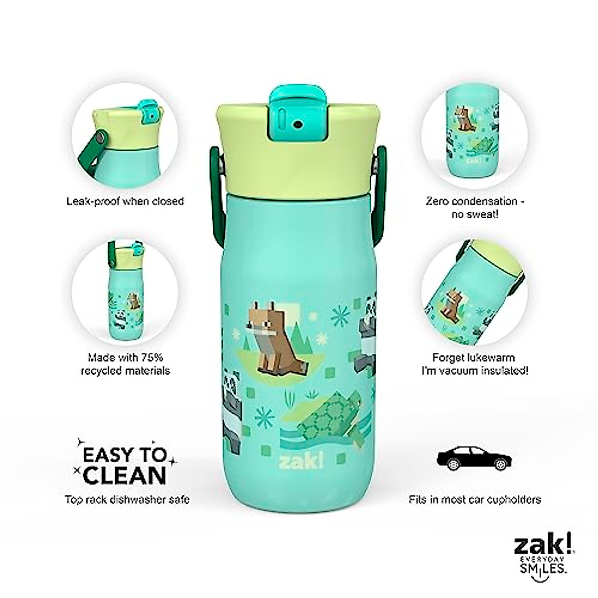 Zak Designs Harmony Minecraft Kid Water Bottle for Travel or At Home, 14oz Recycled Stainless Steel is Leak-Proof When Closed and Vacuum Insulated (Turtle, Fox, Panda, Allay)