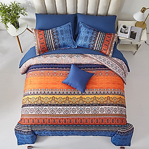Boho Comforter Set Queen Size 8 Piece Bed in a Bag Burnt Orange Paisley Fall Comforter and Sheet Set Bohemian Striped Bedding Set,Soft Microfiber Complete Bedding Set