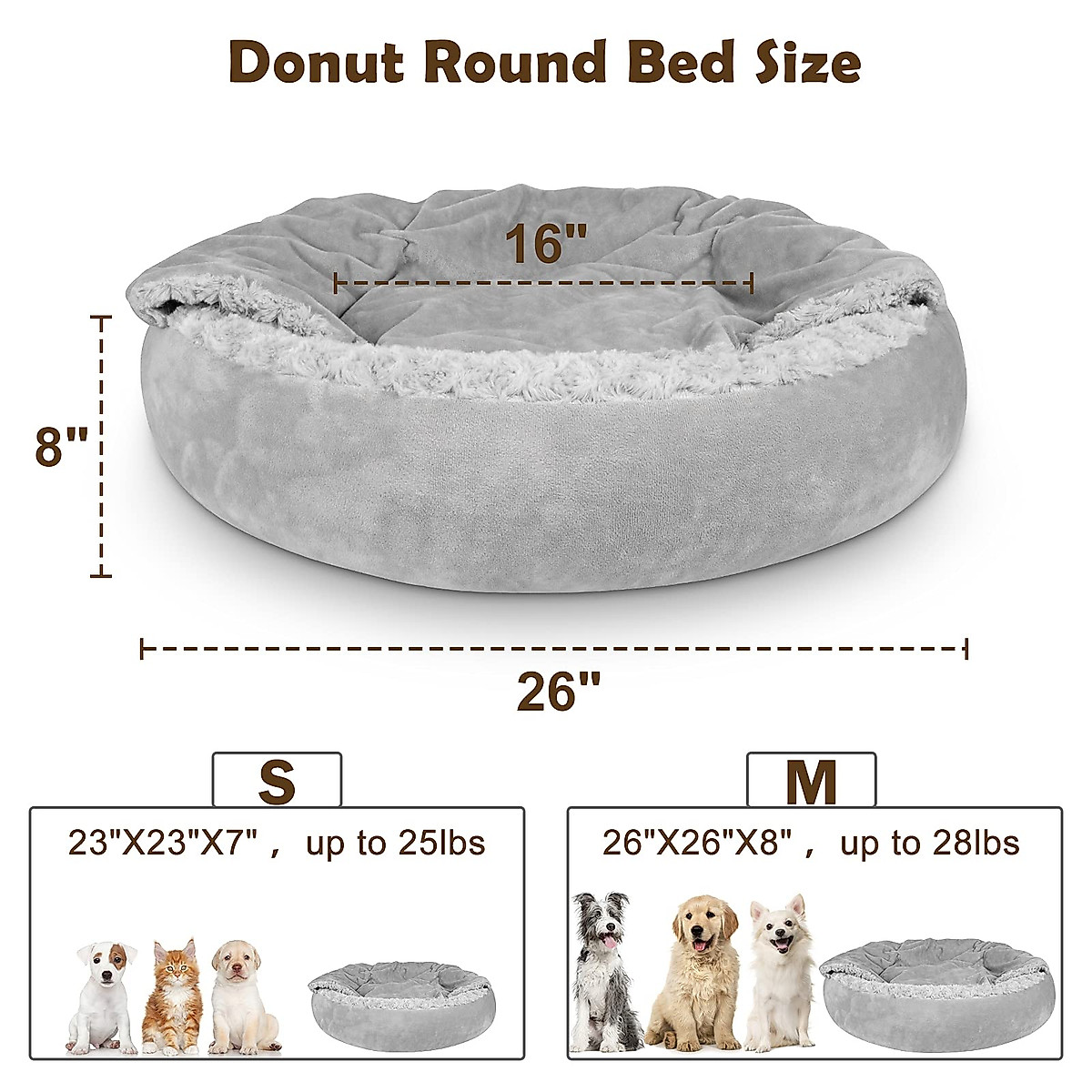 JOEJOY Dog Beds for Small Medium Dogs, Cozy Cuddler Luxury Puppy Pet Bed with Blanket Attached, Donut Round Calming Anti-Anxiety Dog Burrow Cave Bed - Anti-Slip Bottom and Machine Washable 26 inch