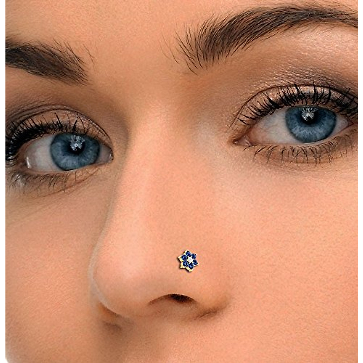 Demira Jewels 14K Yellow Gold Nose Piercing Wire Setting Stud with Real Diamond and Natural Blue Sapphire Flower – Elegant Wedding Nose Ring, Stunning Bridal Nose Jewelry.