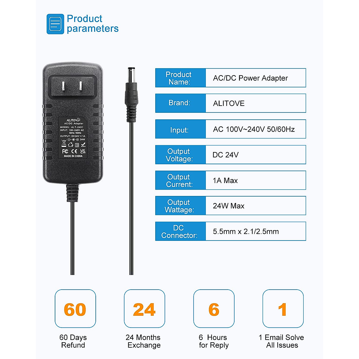 ALITOVE 24V 1A 24W DC Power Supply Adapter 100~240V AC to DC 24 Volt 1 Amp Converter 24 vdc 1000mA 800mA 600mA 400mA 200mA with 5.5mm x 2.5mm 2.1mm Plug for LED Strip Light CCTV Camera DC Pump