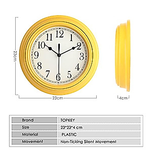 Topkey Silent Wall Clock Kitchen 9 Inch Retro Non-Ticking Decorative Bedroom Office Wall Clock -Yellow