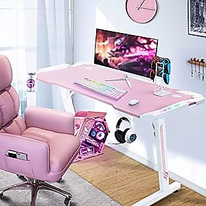 Oryxearth Pink Gaming Desk with LED Lights, 41" Z Shaped RGB Home Gaming Computer Desk Table, Ergonomic PC Workstation with Remote Control, Cup Holder, Handle Rack, Headphone Hook for Office Use