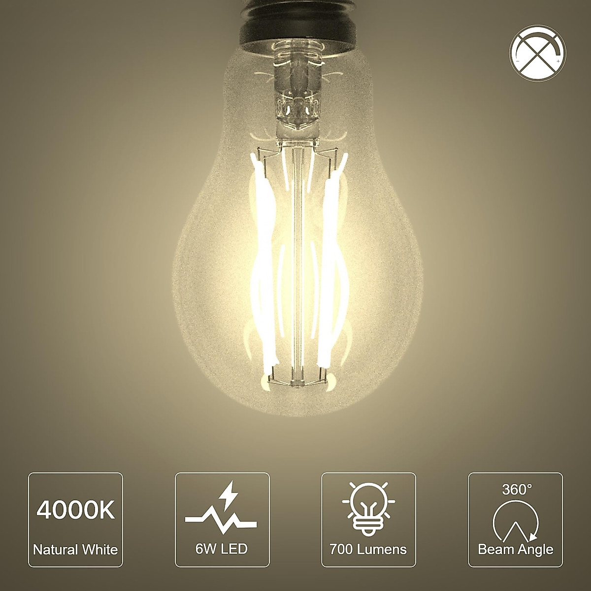 ORALUCE LED Edison Light Bulb 60 Watt Equivalent E26, Vintage Clear Light Bulbs 6W 4000K Neutral White 700 Lumen, A19 LED Filament for Ceiling Light Fixture, Non-dimmable, 6 Pack