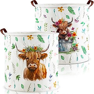 Barydat 2 Pcs Highland Cow Storage Basket, 17.3'' x 16.5'' Collapsible Waterproof Laundry Hamper, Nursery Toys Clothes Storage Basket Bin, Floral Farm Animal Holder Organizer for Bathroom