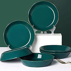 ESTELAR Dinner Plates Set Nordic Light Luxury Ceramic Plate Dish Plate Home Tableware Set Dark Green Gold Edge Plate Creative Dessert Plate Kitchen Salad Bowl (Color : 7inch, Size : 4pcs)