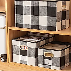 LaMorée Storage Bin Cotton Linen Fabric Basket Box Washable Foldable Decorative Rectangular Container with Handles Label Window Thick PP Plastic Board For Nursery Home Office - Black Plaid, Large Size