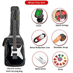 Kids Electric Guitar 34 Inch Beginner Professional Grade Starter Kit Student Single Roll System Electric Guitar with Carring Bag Spare String Cable Picks Tunner and Shoulderstrap,Black