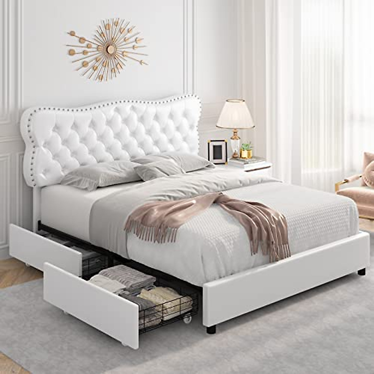 HOSTACK Full Bed Frame with 4 Storage Drawers, Upholstered Platform Bed Frame with Button Tufted Headboard, Heavy Duty Mattress Foundation with Wooden Slats, No Box Spring Needed (White, Full)