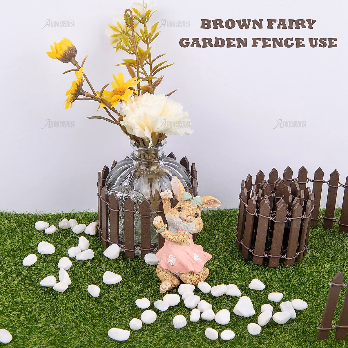 AUEAR, 35 Inch Mini Fairy Garden Fence Wood Ornament Wooden Decorative Picket for DIY Crafts Project (Brown, 4-Pack)