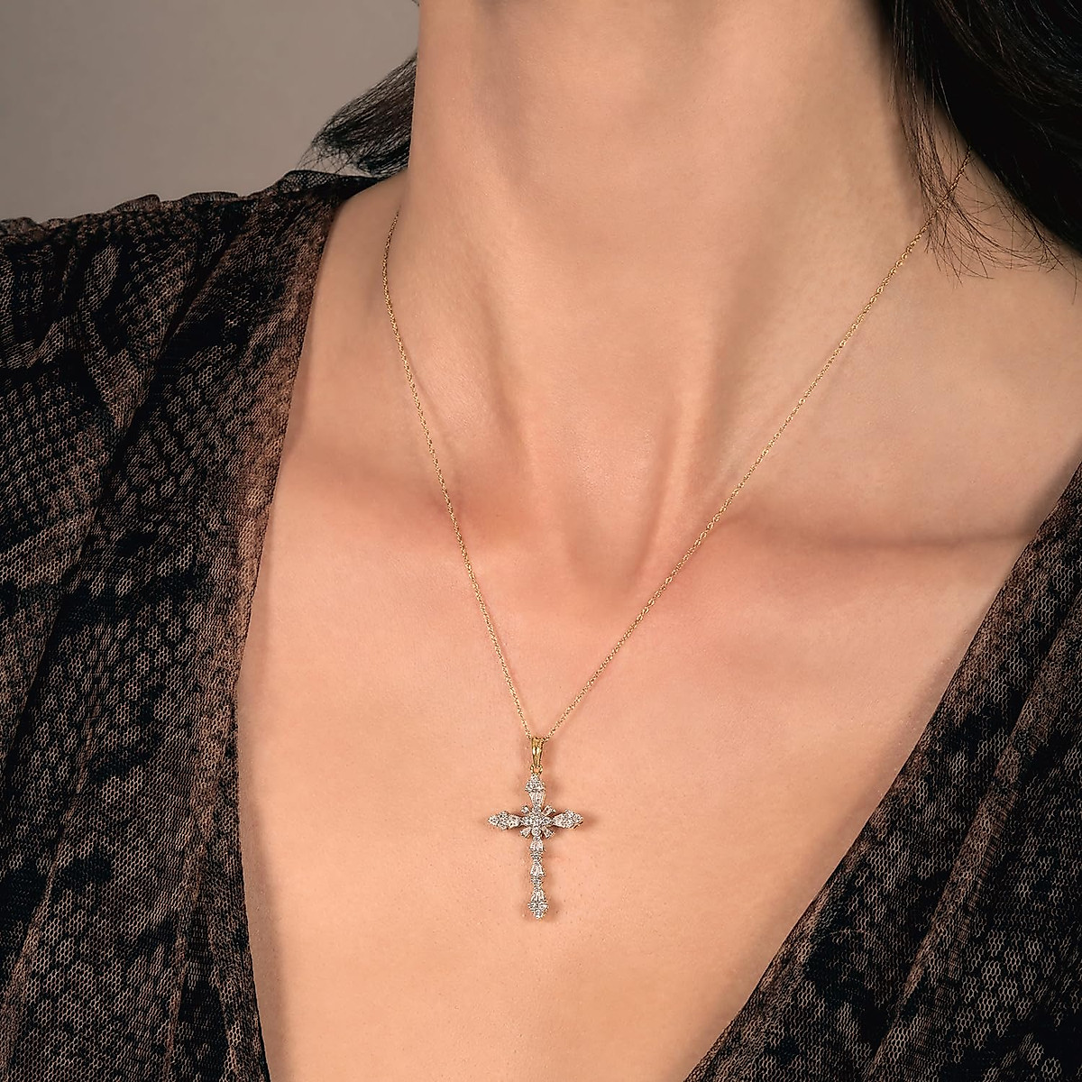 Jewelili Cross Pendant Necklace in 10K Yellow Gold with 1/2 Cttw Natural White round and baguette Diamonds 18" Rope Chain
